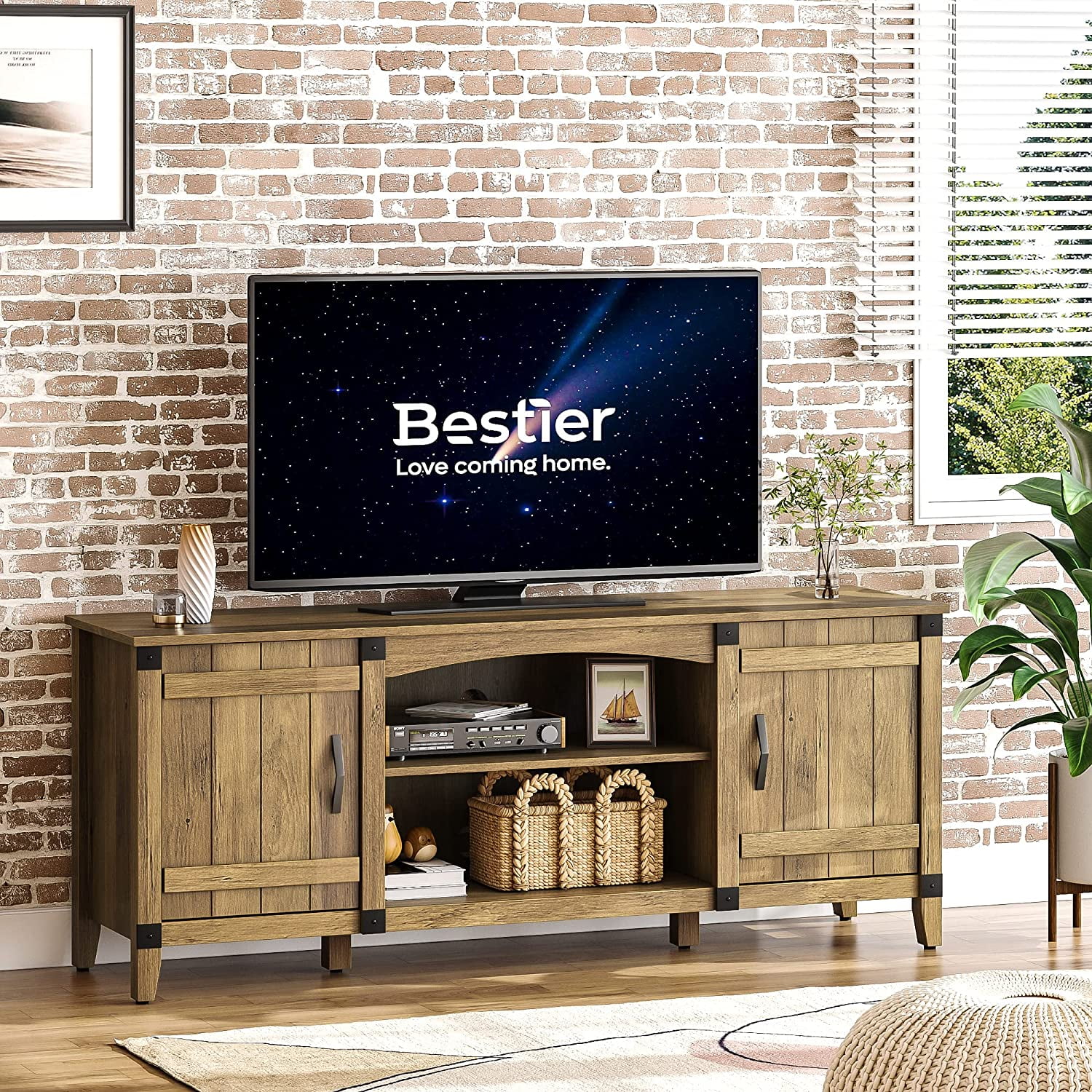 Large Bestier Oak Farmhouse TV Stand with Storage Shelves for TVs up to ...