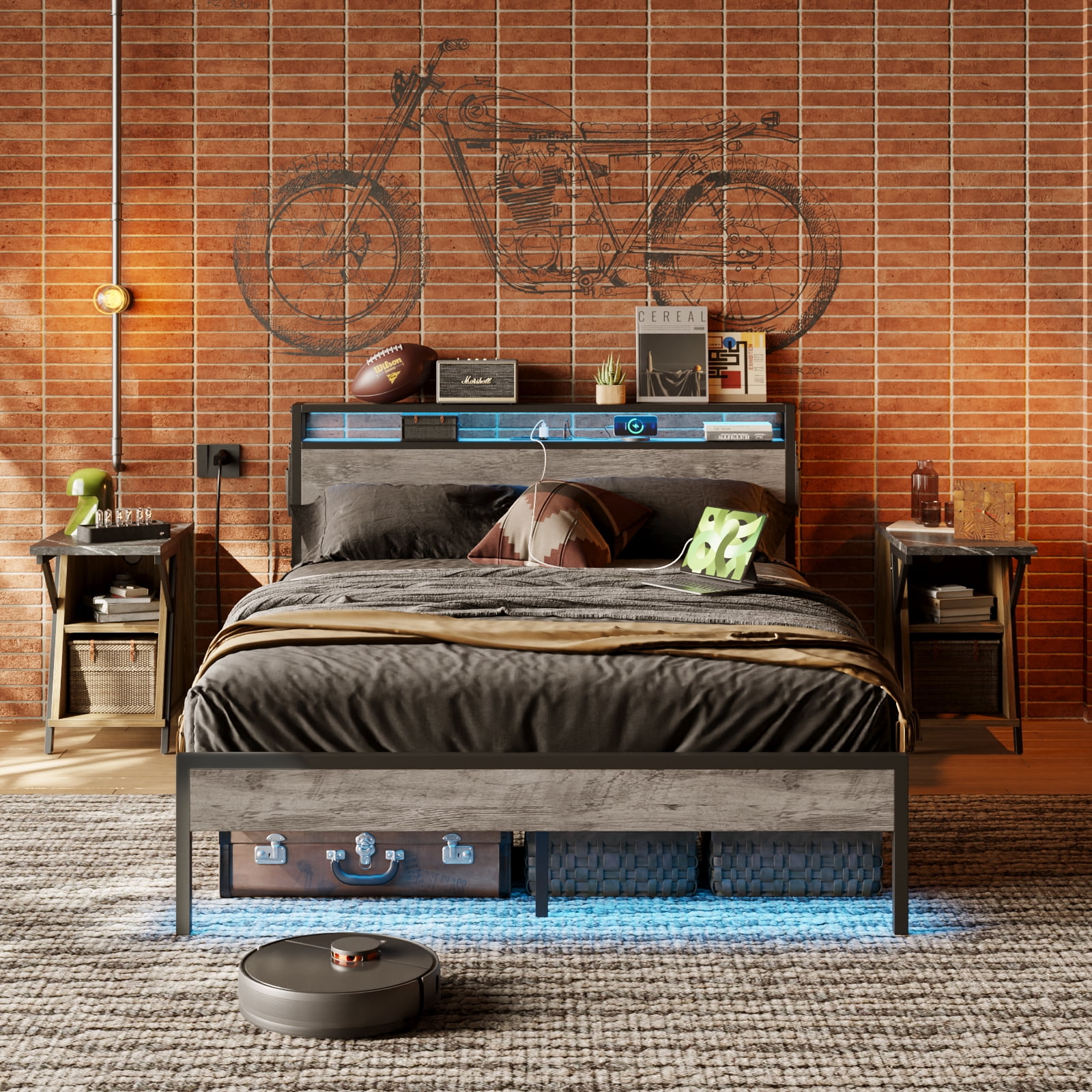 Bestier Full Size Bed Frame Led Platform Bed with Storage Headboard ...