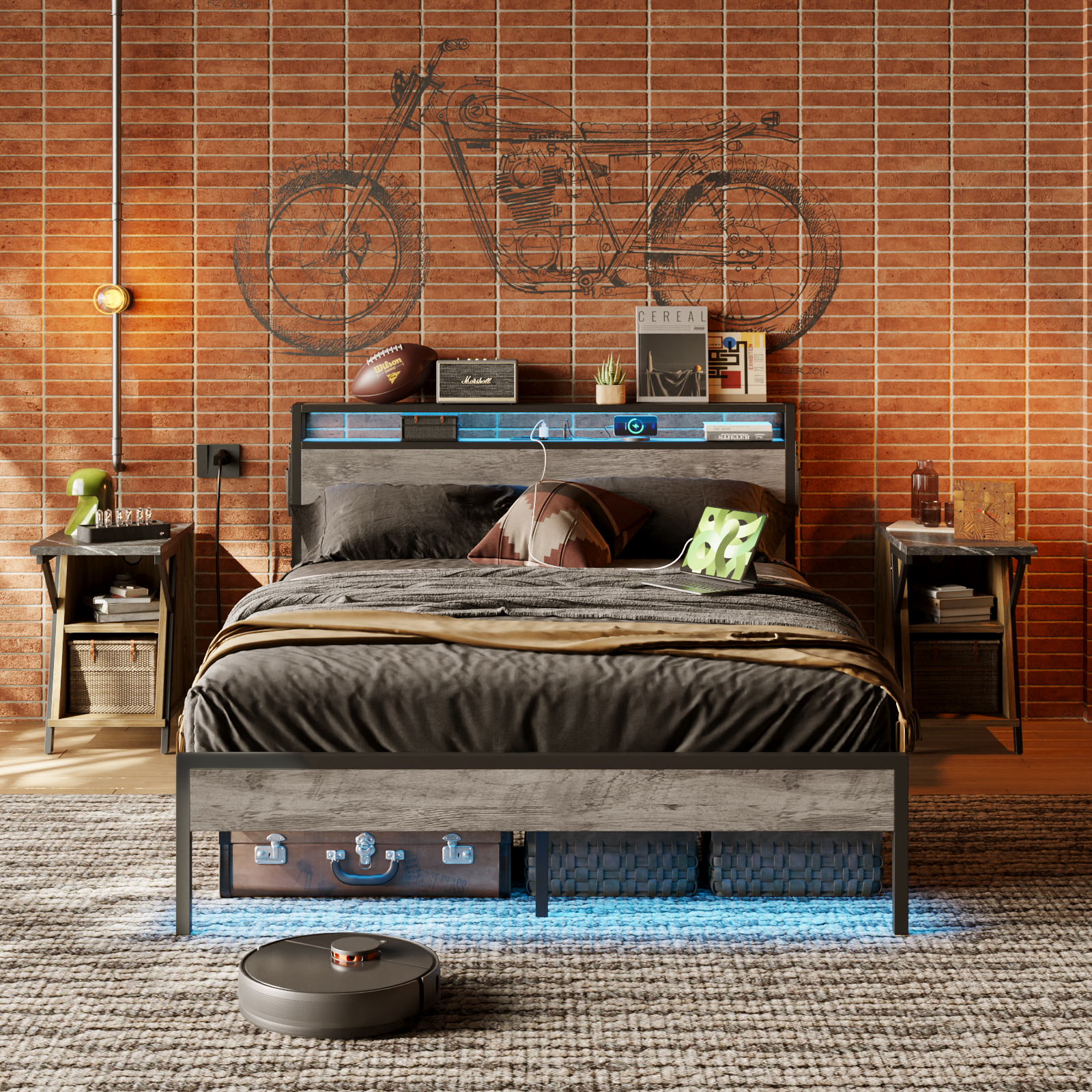 GUNAITO King Size Bed Frame with Wooden Headboard Metal Platform Bed ...