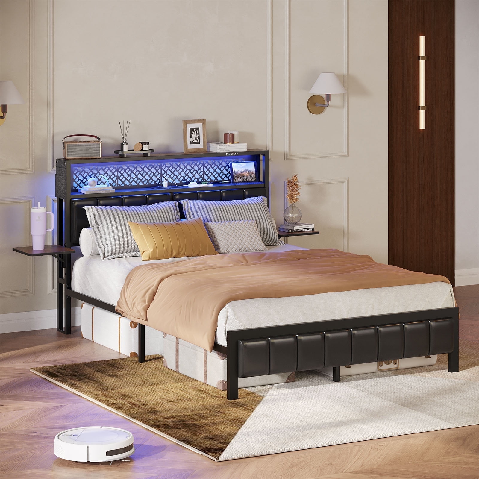 Bestier Full Size Bed Frame Upholstered LED Platform Bed with Foldable ...