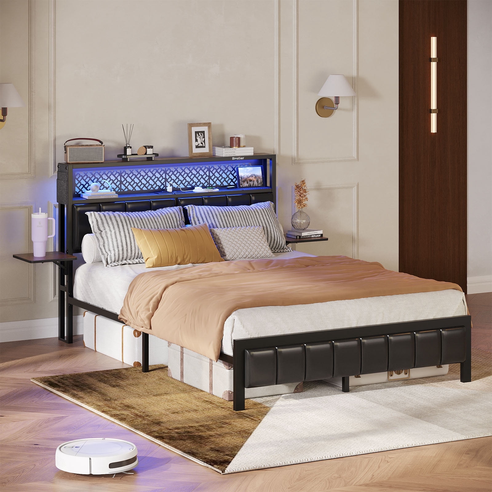 Bestier Full Size Bed Frame Upholstered LED Platform Bed with Foldable ...