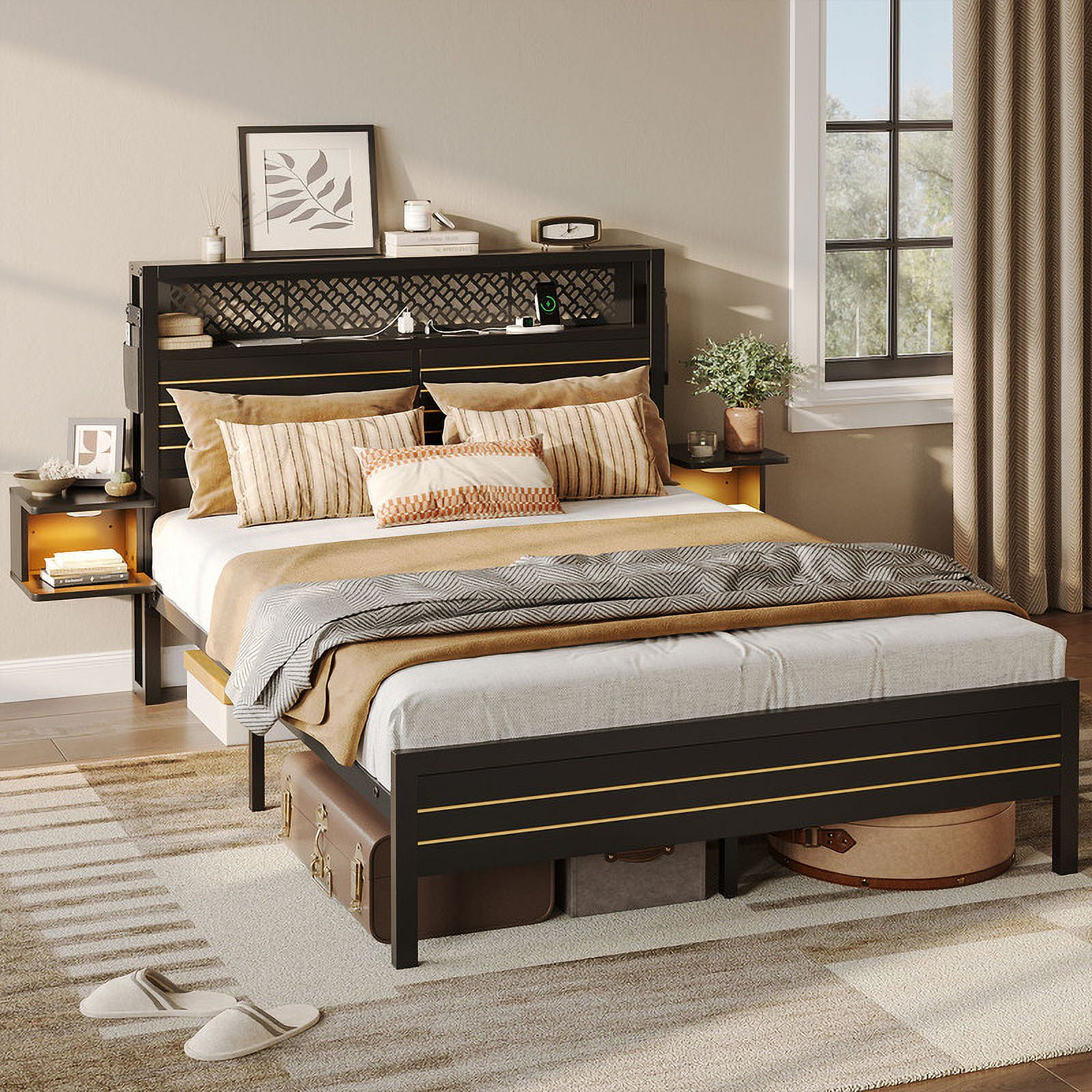 Bestier Full Size Metal Platform Bed Frame with Storage Headboard ...