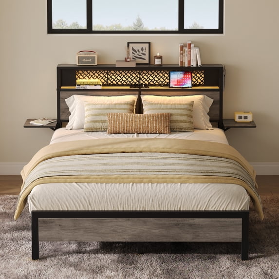 Bestier Full Size Platform Bed Frame, Foldable Wood Bedside Shelves ...