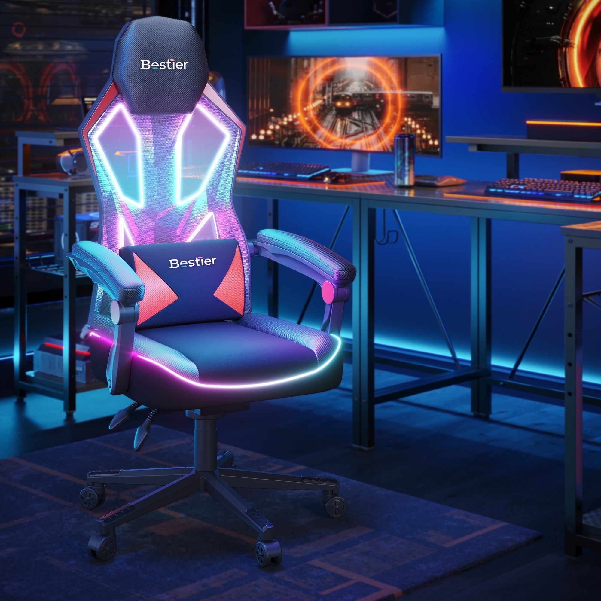 Bestier RGB LED Gaming Chair, Black Red, Breathable Fabric, Pocket ...