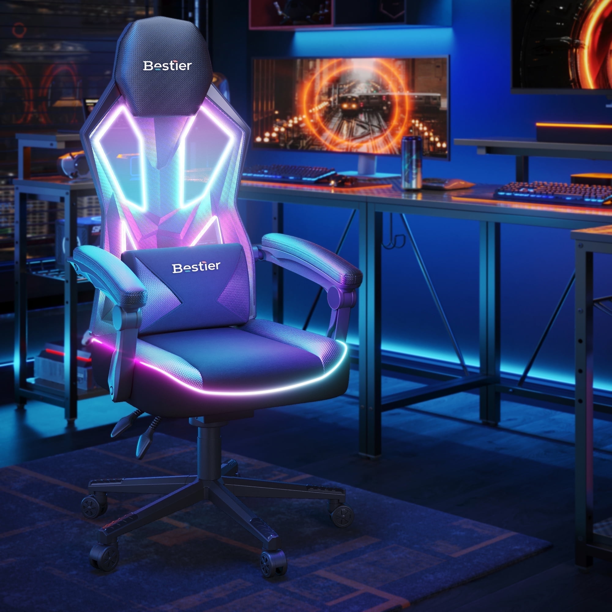 Bestier RGB LED Gaming Chair, Breathable, Adjustable Armrests, Lumbar ...