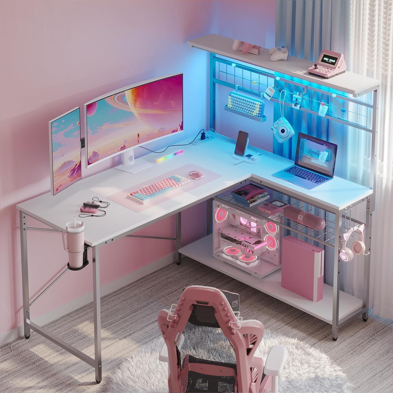 Bestier Gaming Desk 51" L-Shaped, with Power Outlets & LED Lights- 4 ...