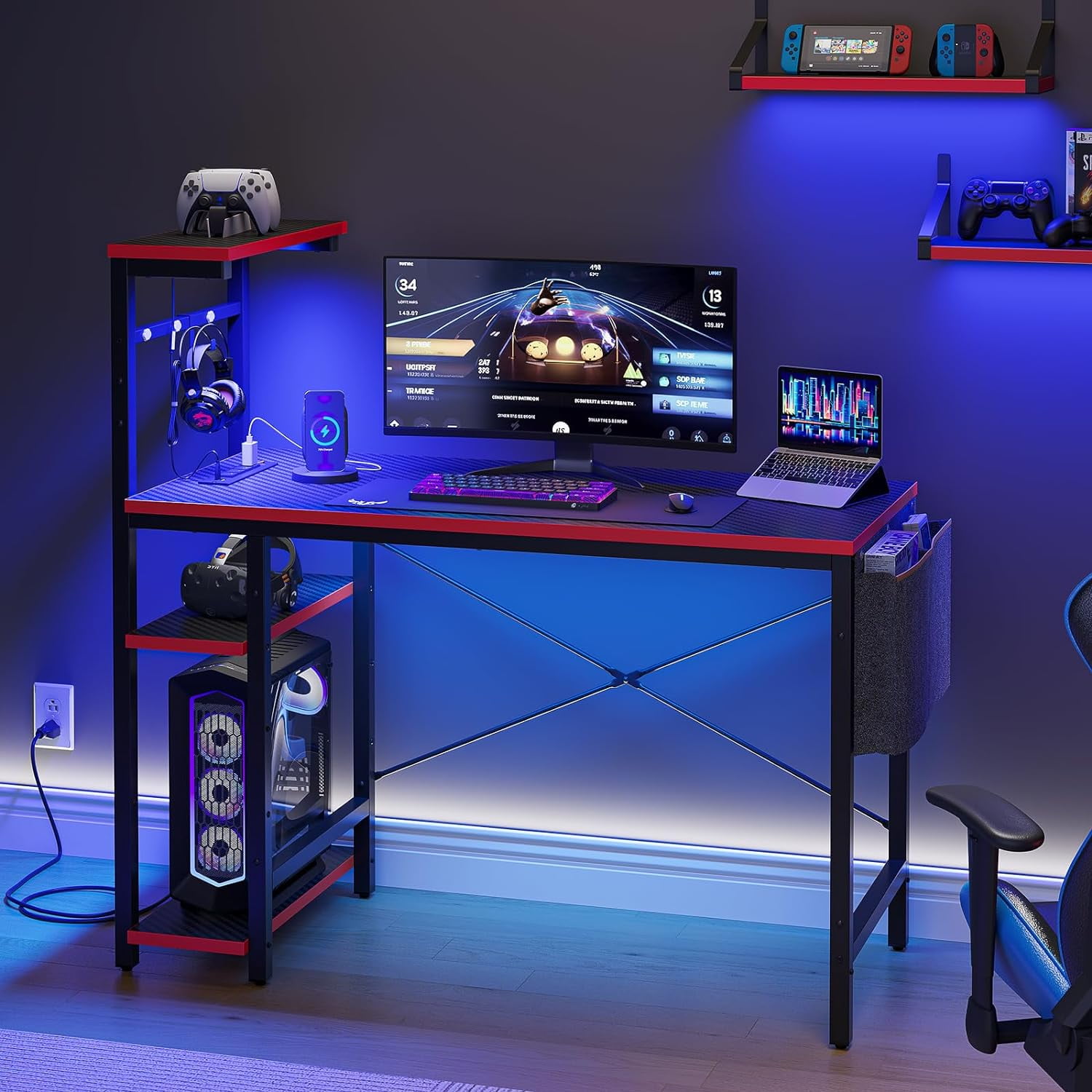 Bestier Gaming Desk with Power Outlets, 44 Inch Led Gamer Desk with 4 ...