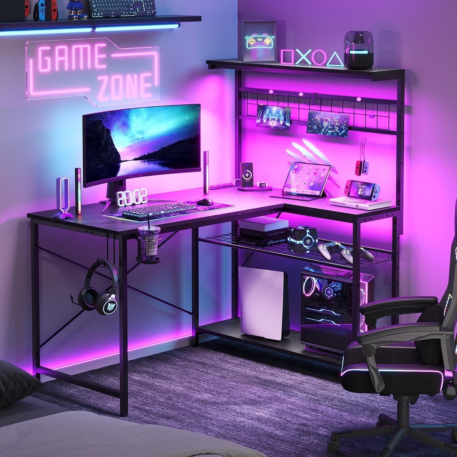 Bestier 42 inch Gaming Desk with LED Lights & Power Outlet, Reversible ...