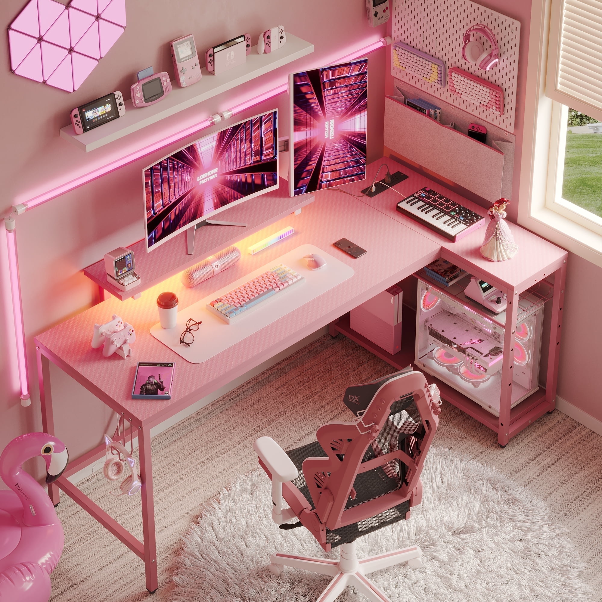 Bestier 58" Computer Desk with LED Lights L Shaped Corner Desk with ...
