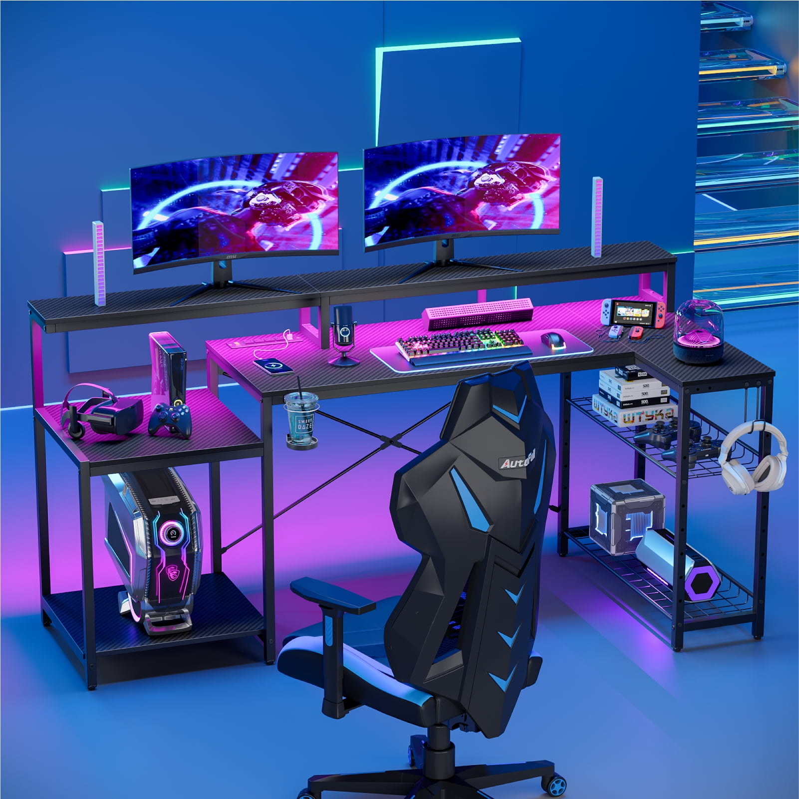 Bestier 71.5 inch LED Gaming Desk with Power Outlet, L Shaped Table ...