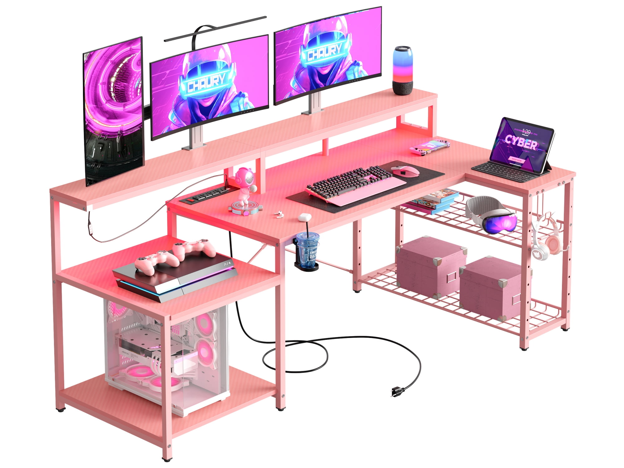 Bestier Gaming Desk with Power Outlet, 71.5 inch Large LED Computer ...