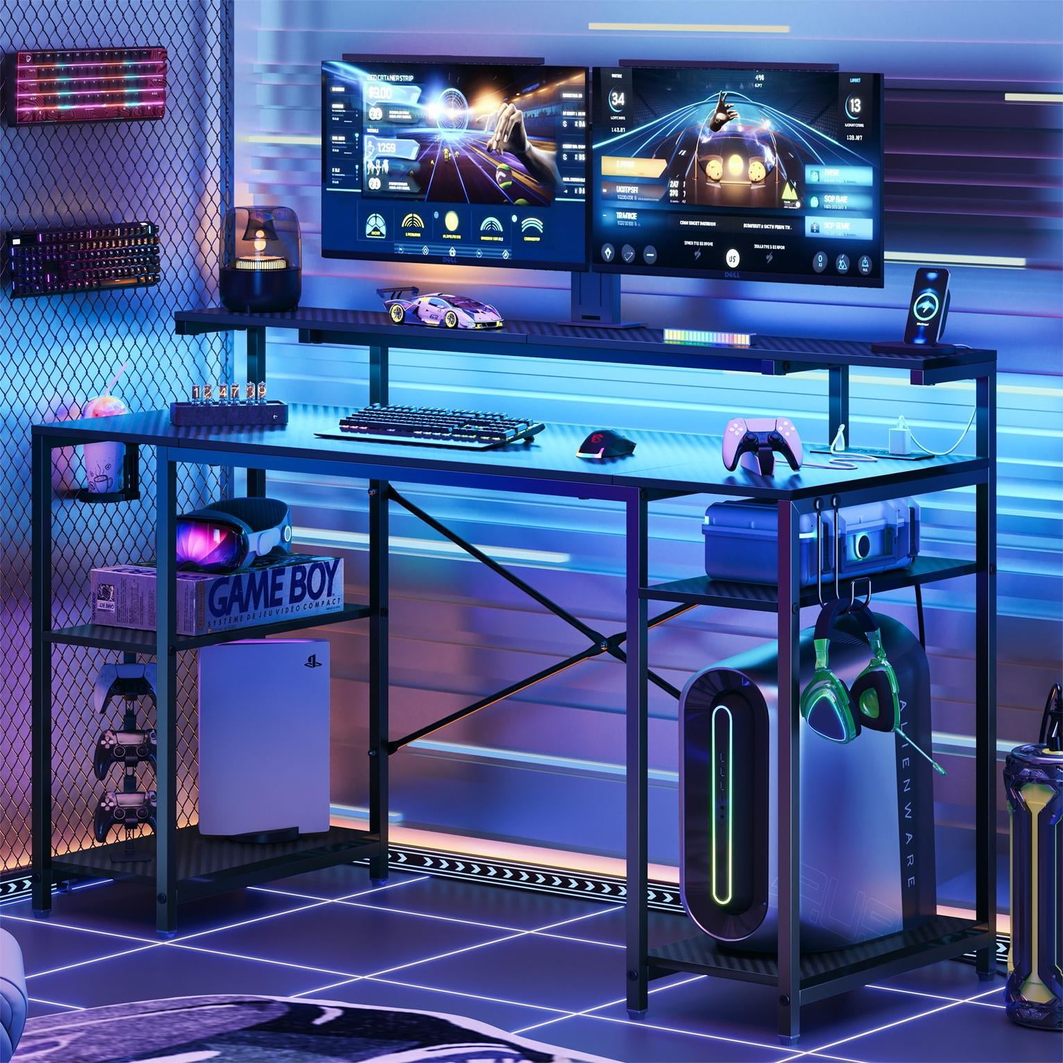 "Bestier 55"" Gaming Desk with Power Outlets, LED Light & Monitor Stand ...