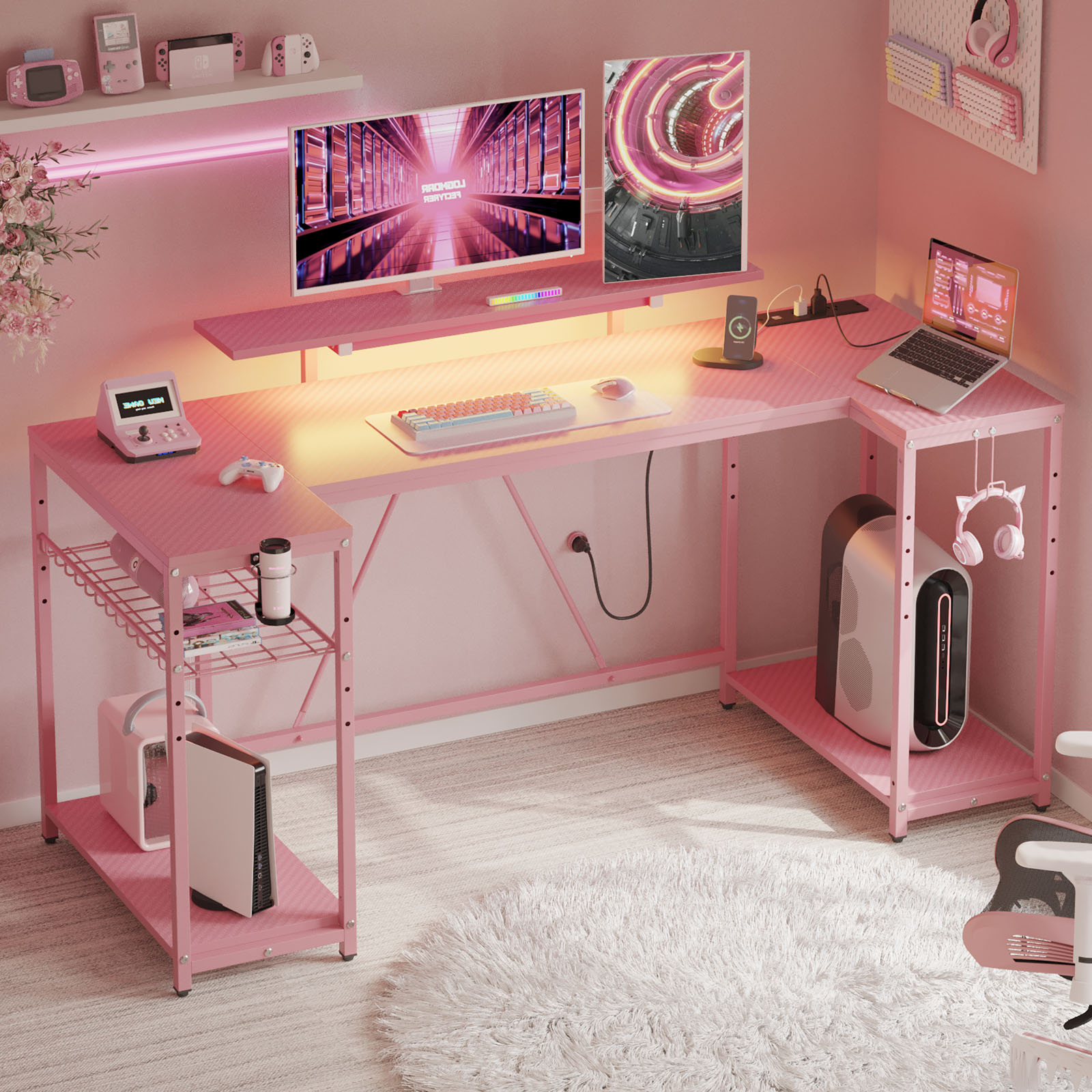 Bestier 52 inch Gaming Computer Desk with LED Lights & Shelves Pink ...