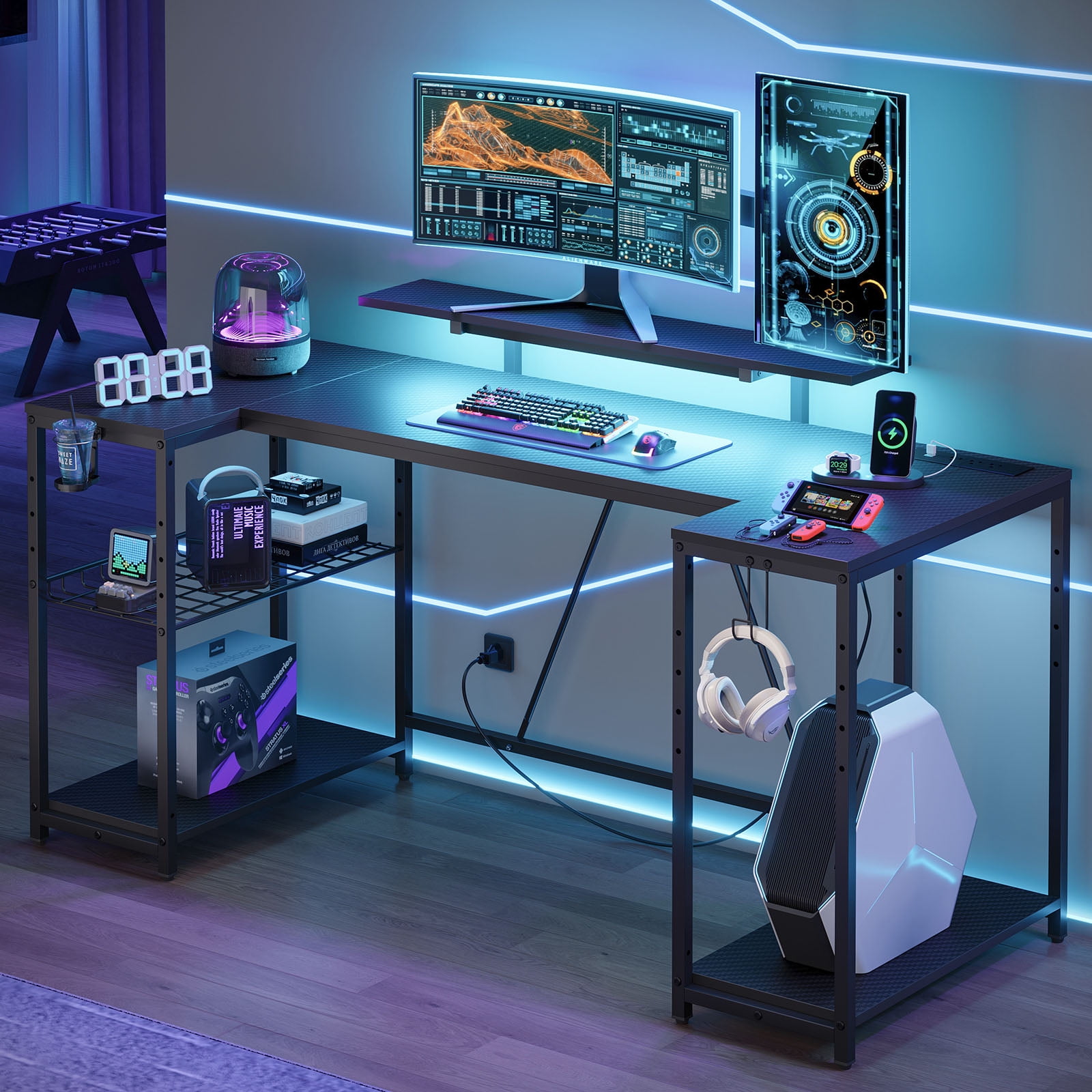 Bestier 63" Gaming Desk with LED Lights, U-Shaped Computer Desk with ...