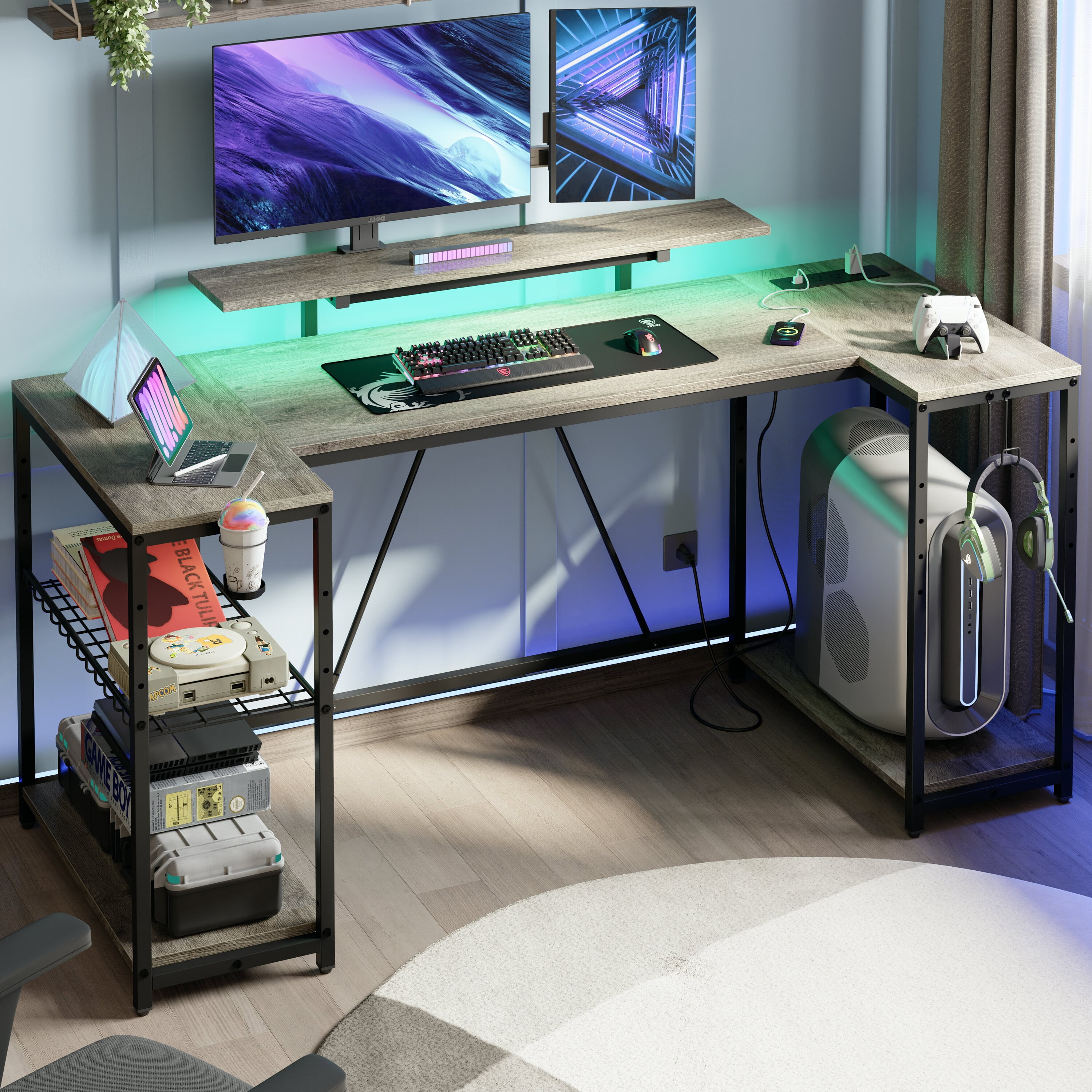 Bestier 63" Gaming Desk with LED Lights, U-Shaped Computer Desk with ...