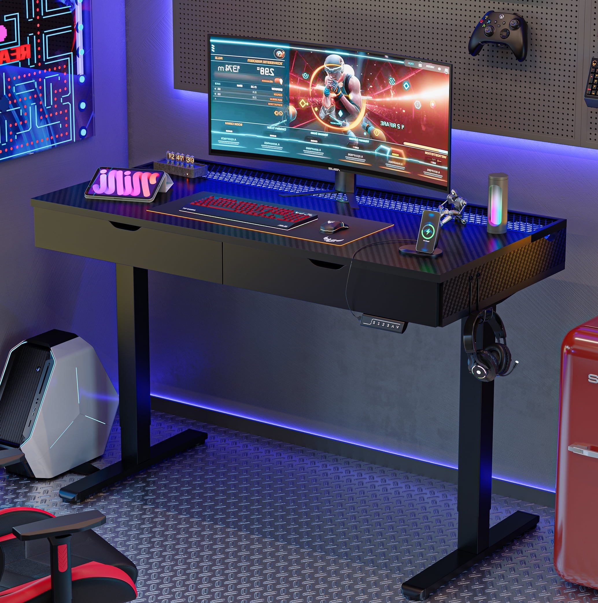 Bestier Gaming Electric Standing Desk with Double Drawers & LED Light ...