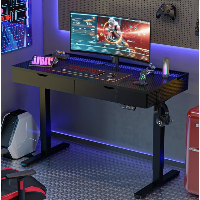 Bestier Gaming Electric Standing Desk with Double Drawers & LED Light ...