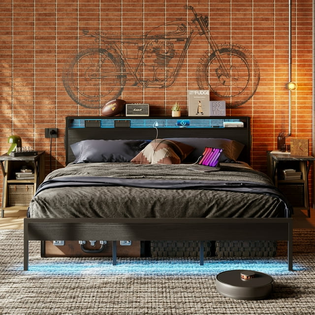 Bestier King Size Bed Frame Led Platform Bed with Storage Headboard ...