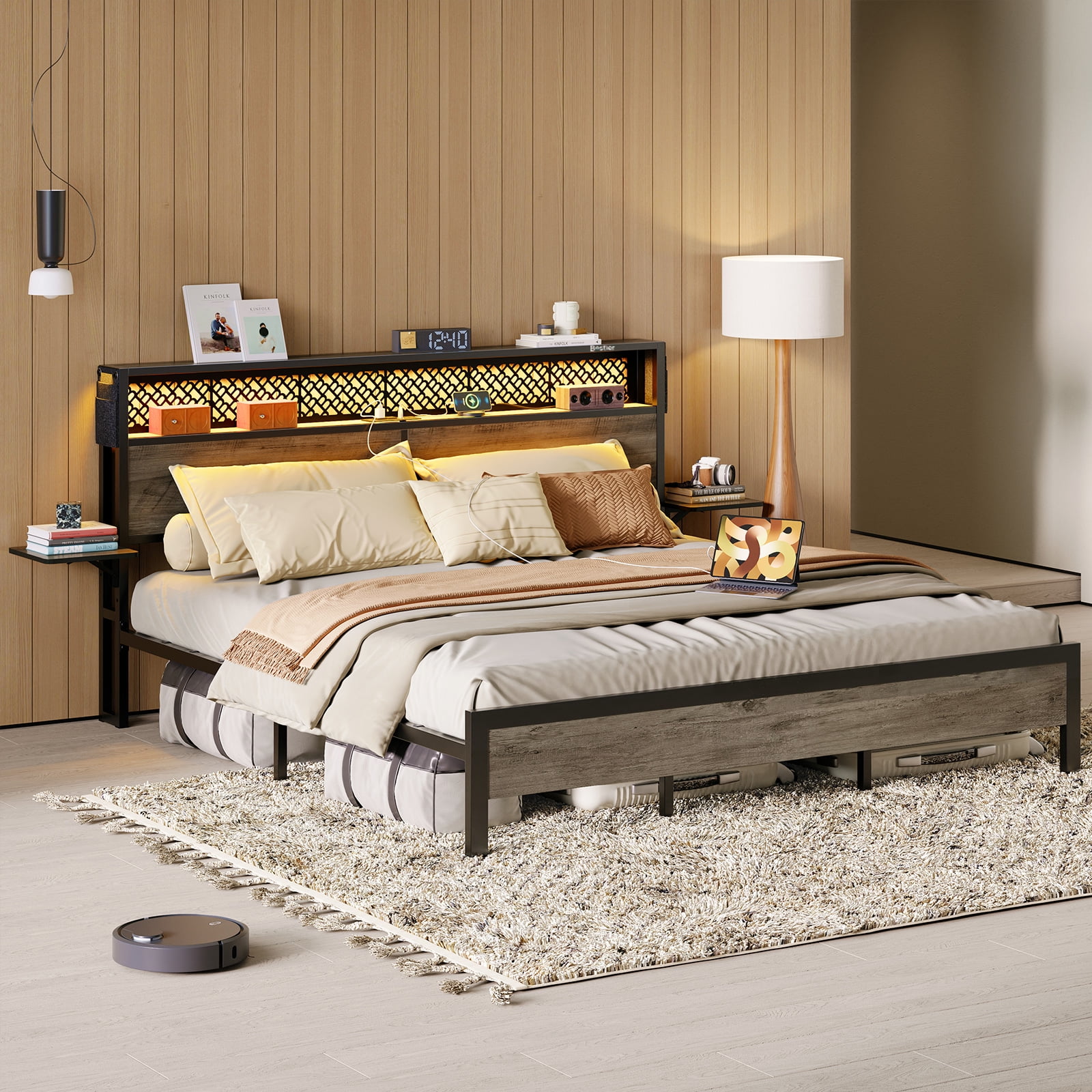 Bestier King Bed Frame, LED Headboard with USB Ports, Foldable Shelves ...