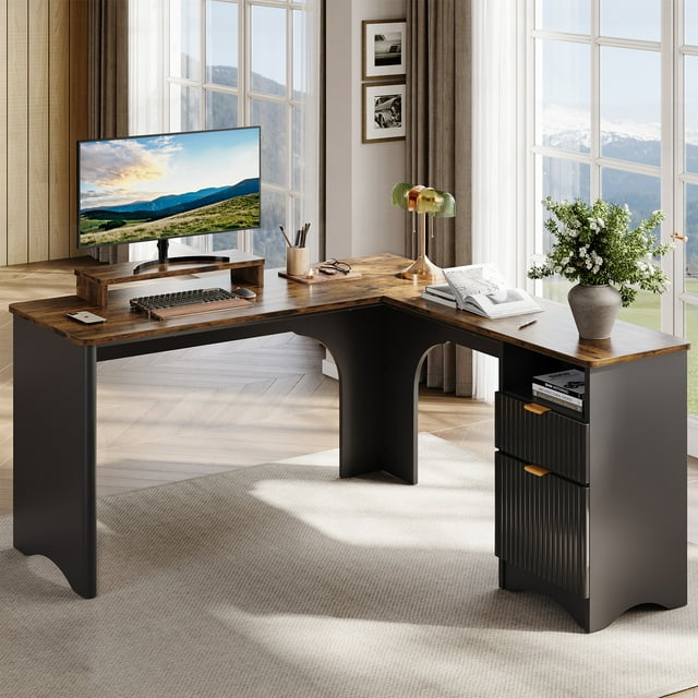 Bestier L Shaped Desk with Drawers, 55.7" x 55" Office Computer Desk ...