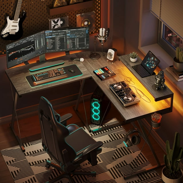 Bestier L-Shaped Dual Carbon Gamer Desk with Monitor Stand for Gaming ...