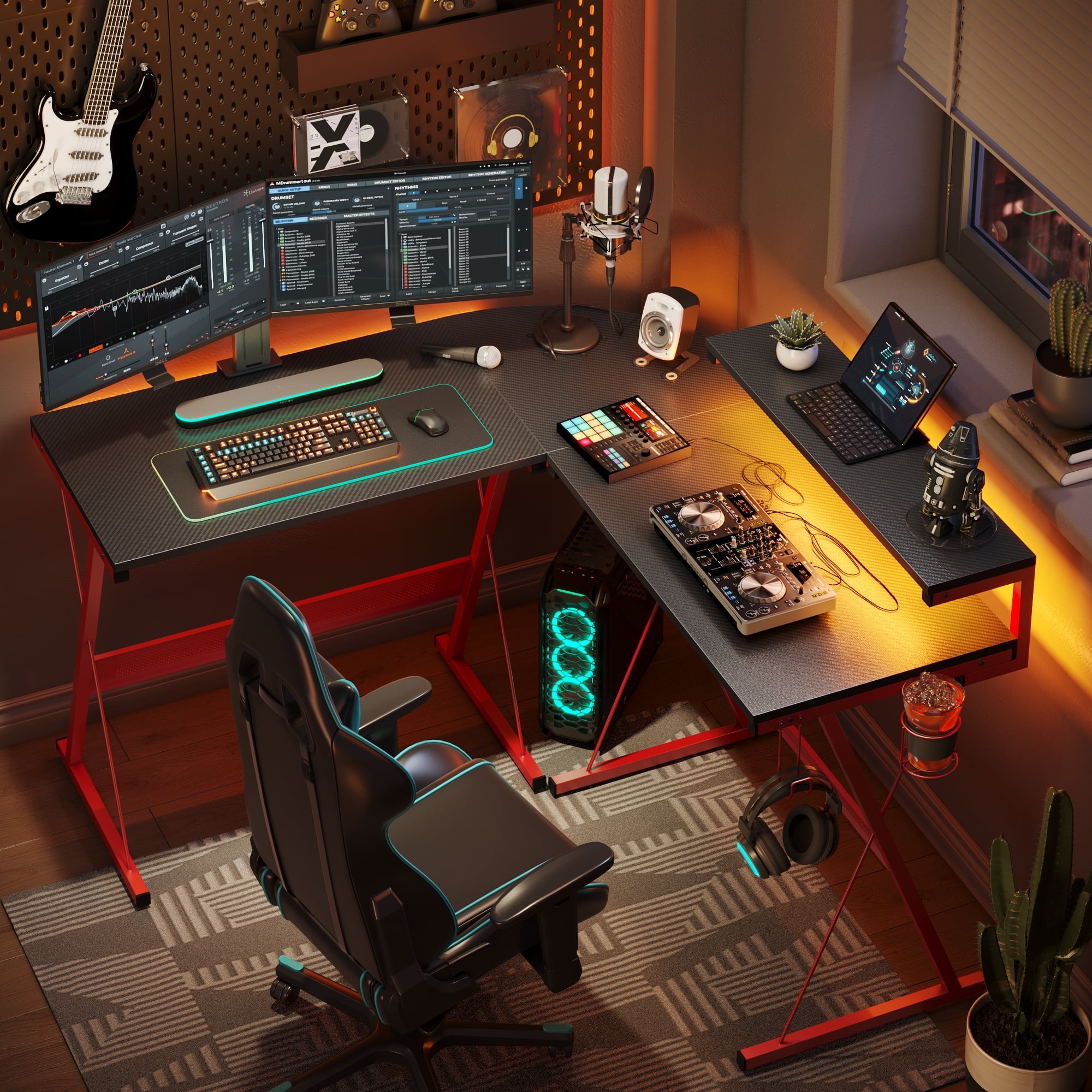 Bestier Gamer L Shaped Carbon Setup Gaming Desk with Monitor Stand Red ...