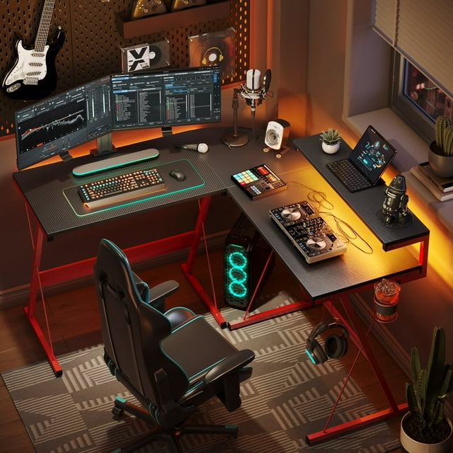 Bestier Gamer L Shaped Carbon Setup Gaming Desk with Monitor Stand Red ...