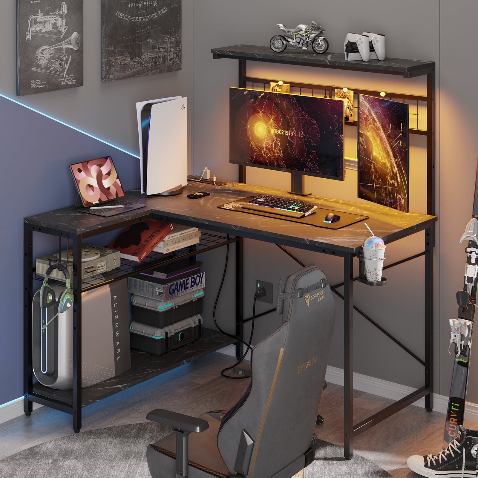 Bestier L Shaped Gaming Desk with Power Outlets,42 '' LED Computer Desk ...