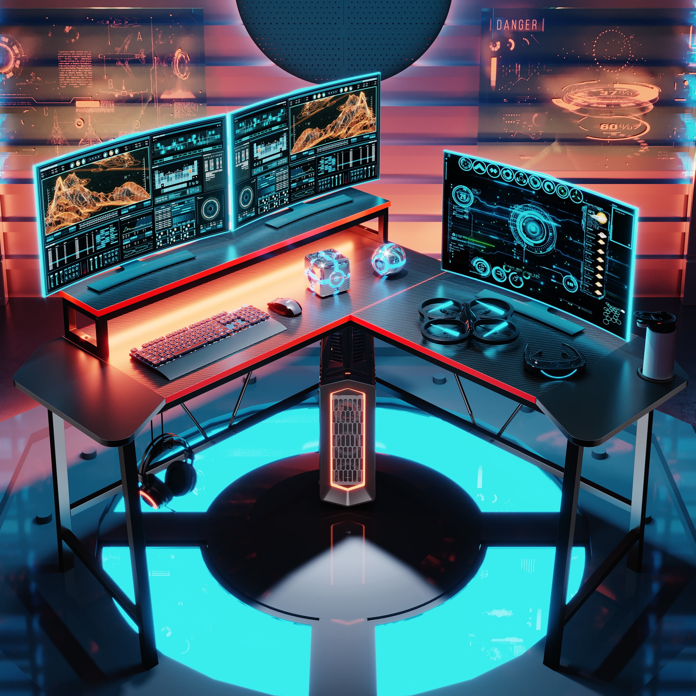 Bestier L-Shaped Gaming Desk 57 Inch Corner Computer Desk with LED ...