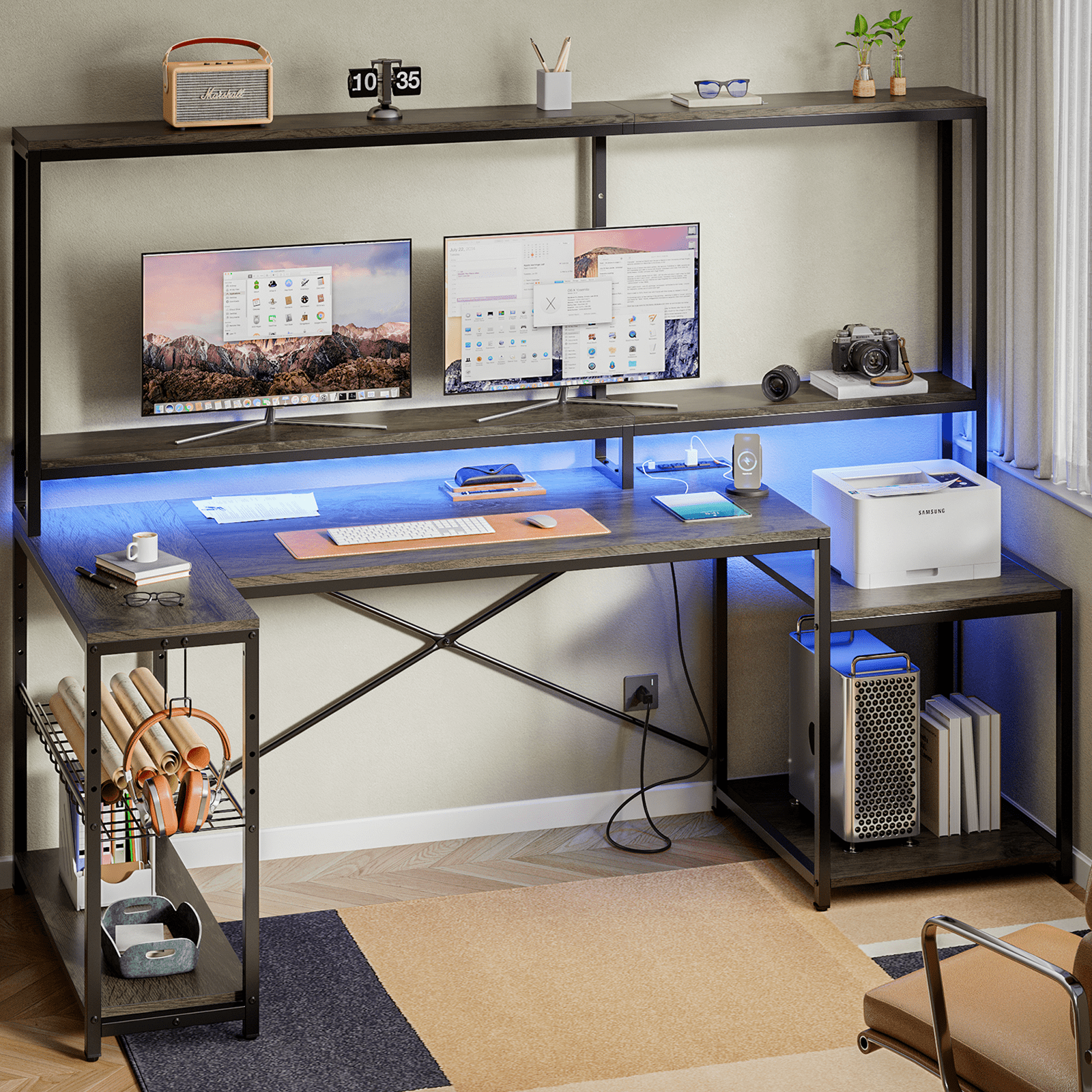 Bestier L Shaped Computer Desk with Power Outlets, 71.5” LED Gaming ...