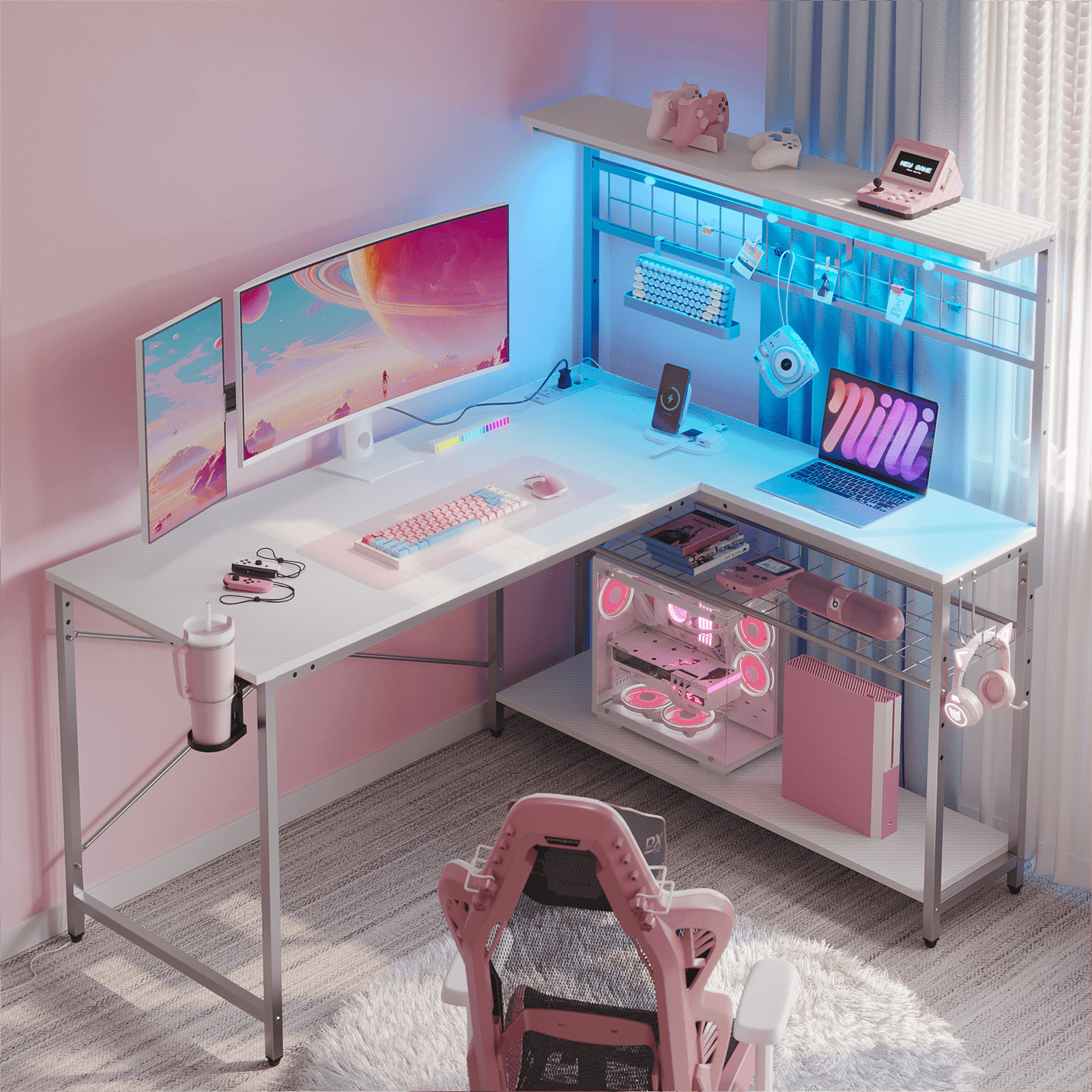 Bestier L-Shaped Reversible Computer Desk, White Carbon Fiber, LED ...