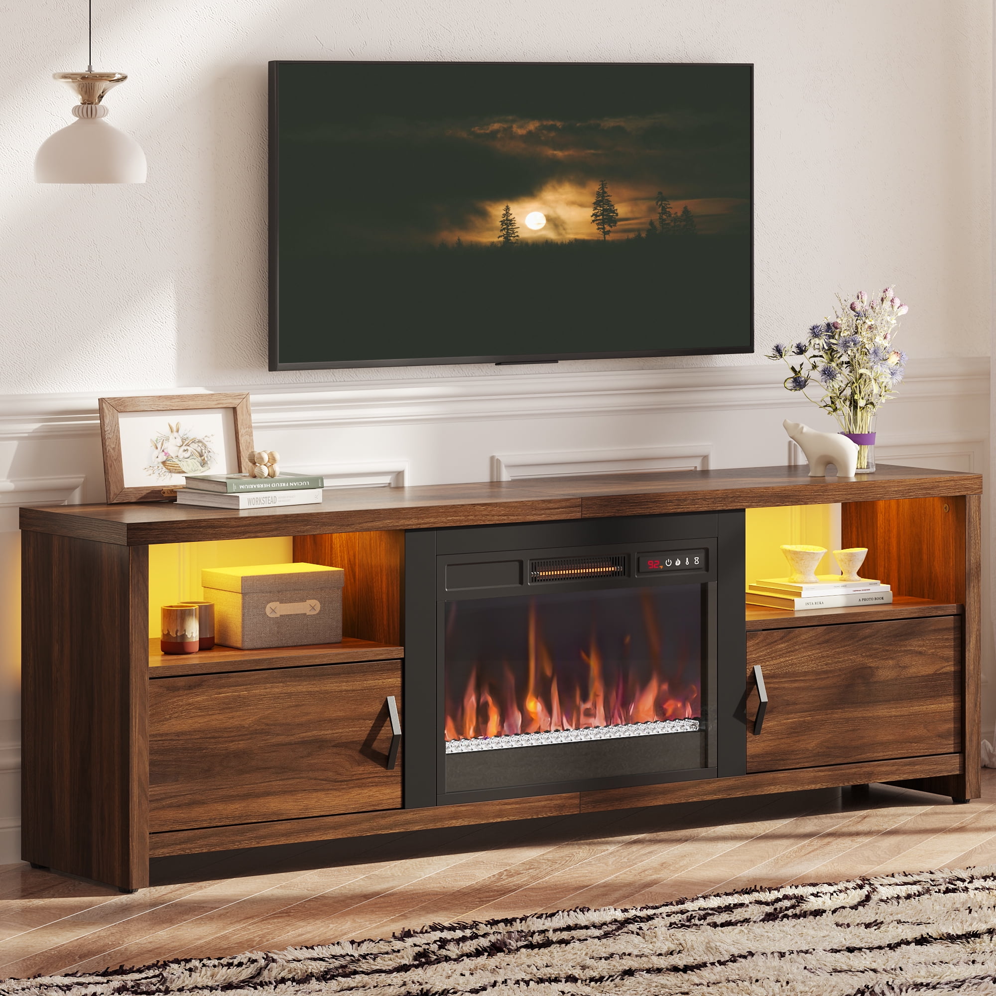 Bestier LED Electric Fireplace TV Stand with Crystal Fireplace & 7 ...
