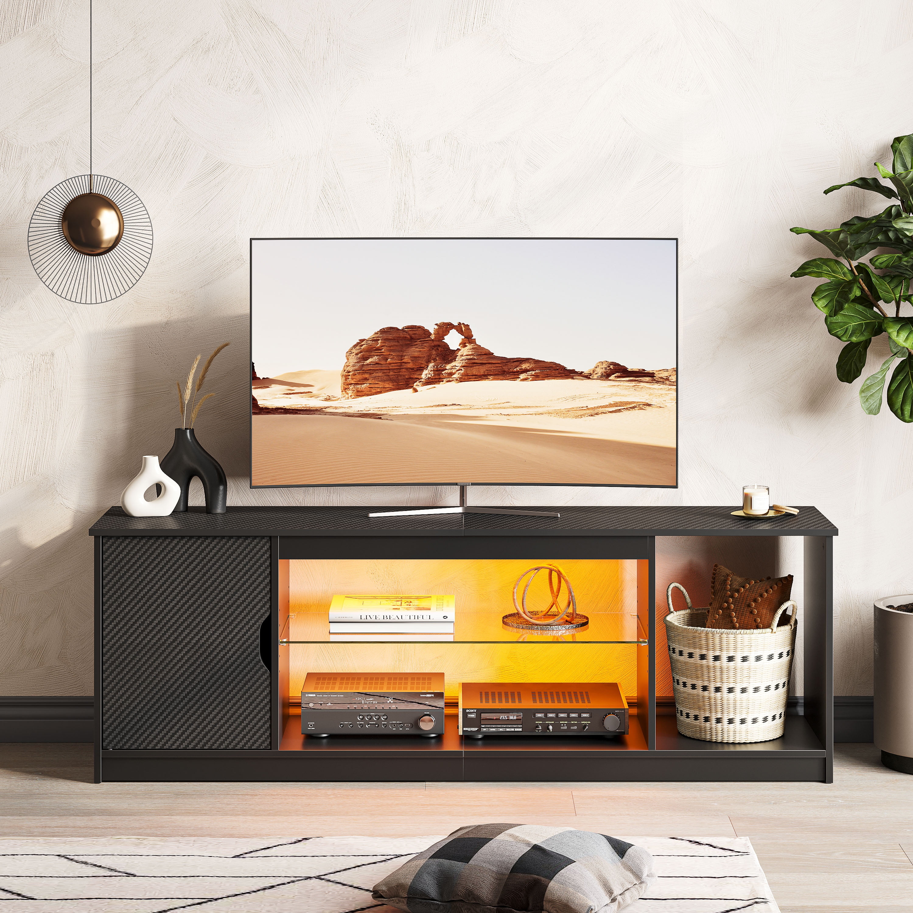 "Bestier 58"" Modern LED TV Stand with Glass Console for PS5 Gaming ...