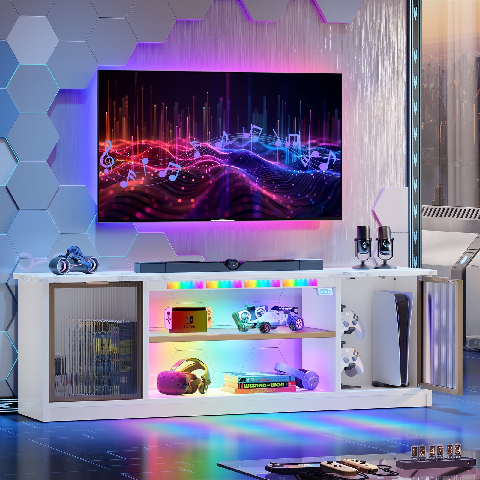 RSPGAME LED TV Stand for PS5 Xbox with Music Sync LED Lights, Gaming ...