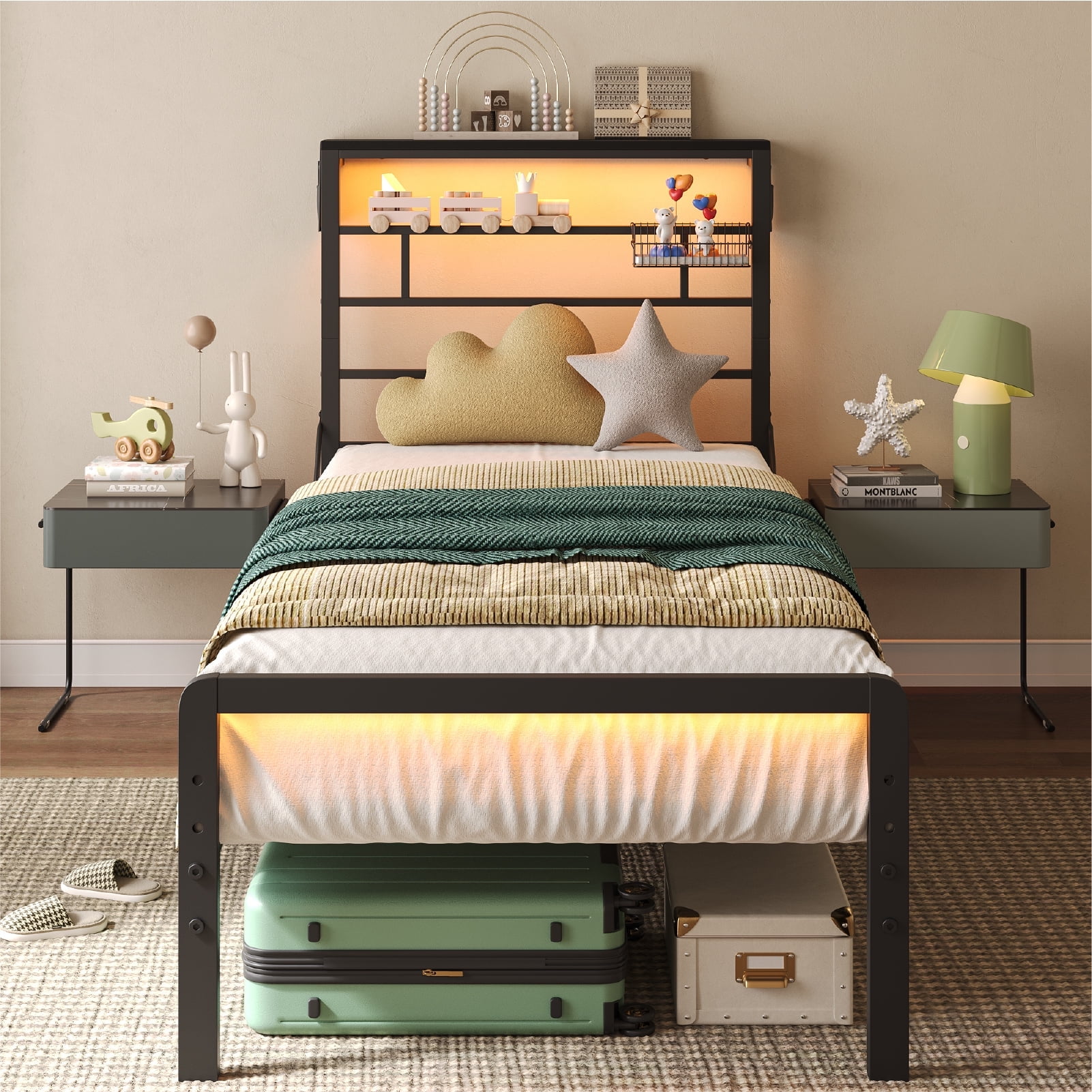 Bestier Twin Size LED Bedframe for Boy - Sturdy Metal Platform Bed with ...