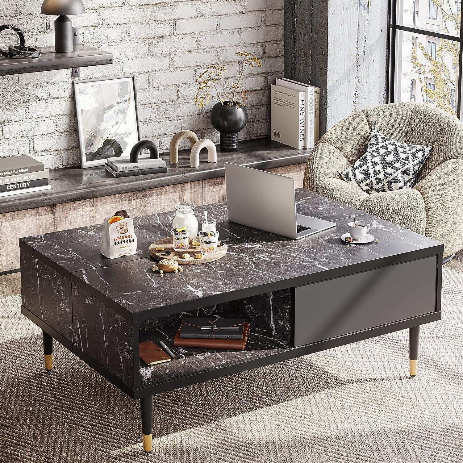 Bestier Mid Century Modern Coffee Table Center Table with Sliding Doors ...