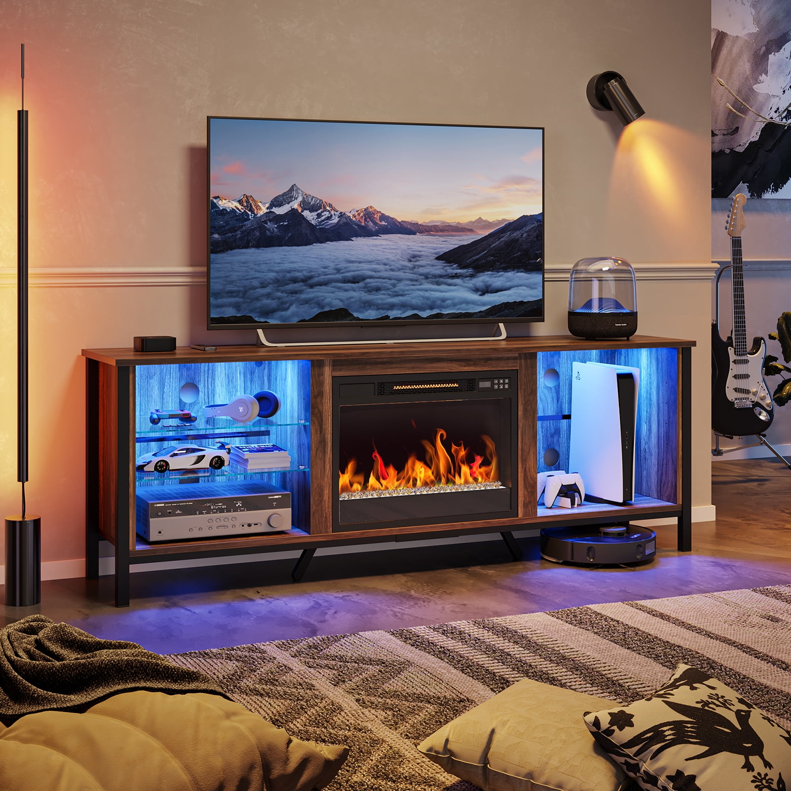 Bestier Modern Electric Crystal Fireplace TV Stand with LED Lights for ...