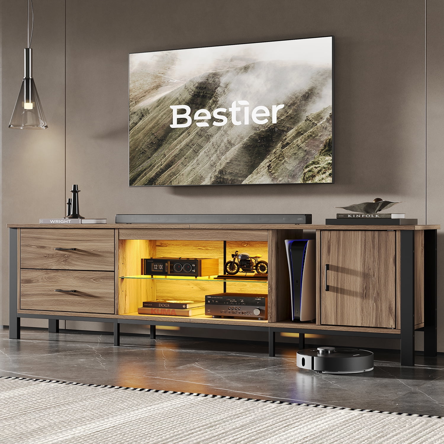 Free Shipping! Bestier Modern LED TV Stand for 90 Inch TVs with Glass ...