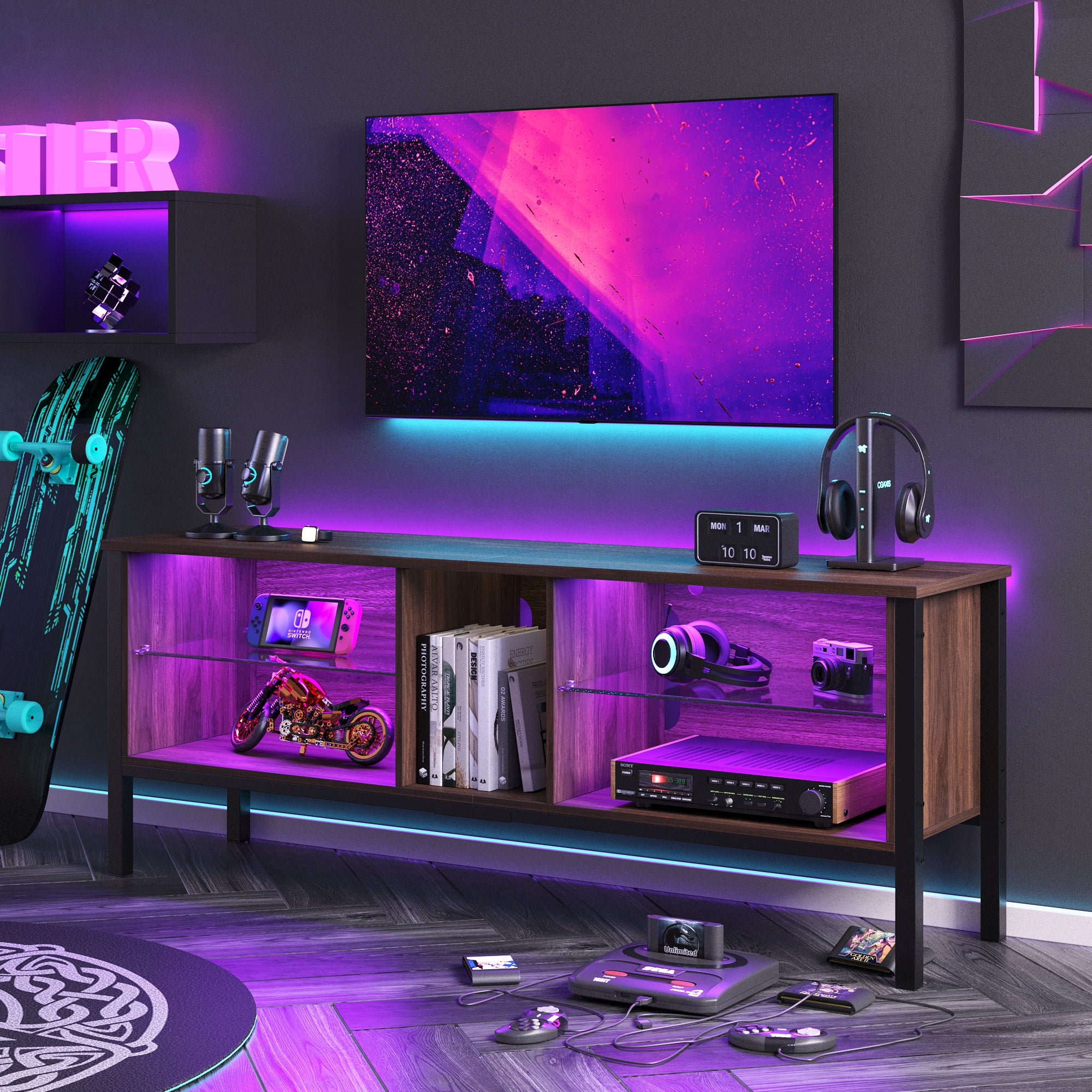 Bestier Modern TV Stand for TVs up to 70", Console Table with RGB LED Ligths & Open Storage ...