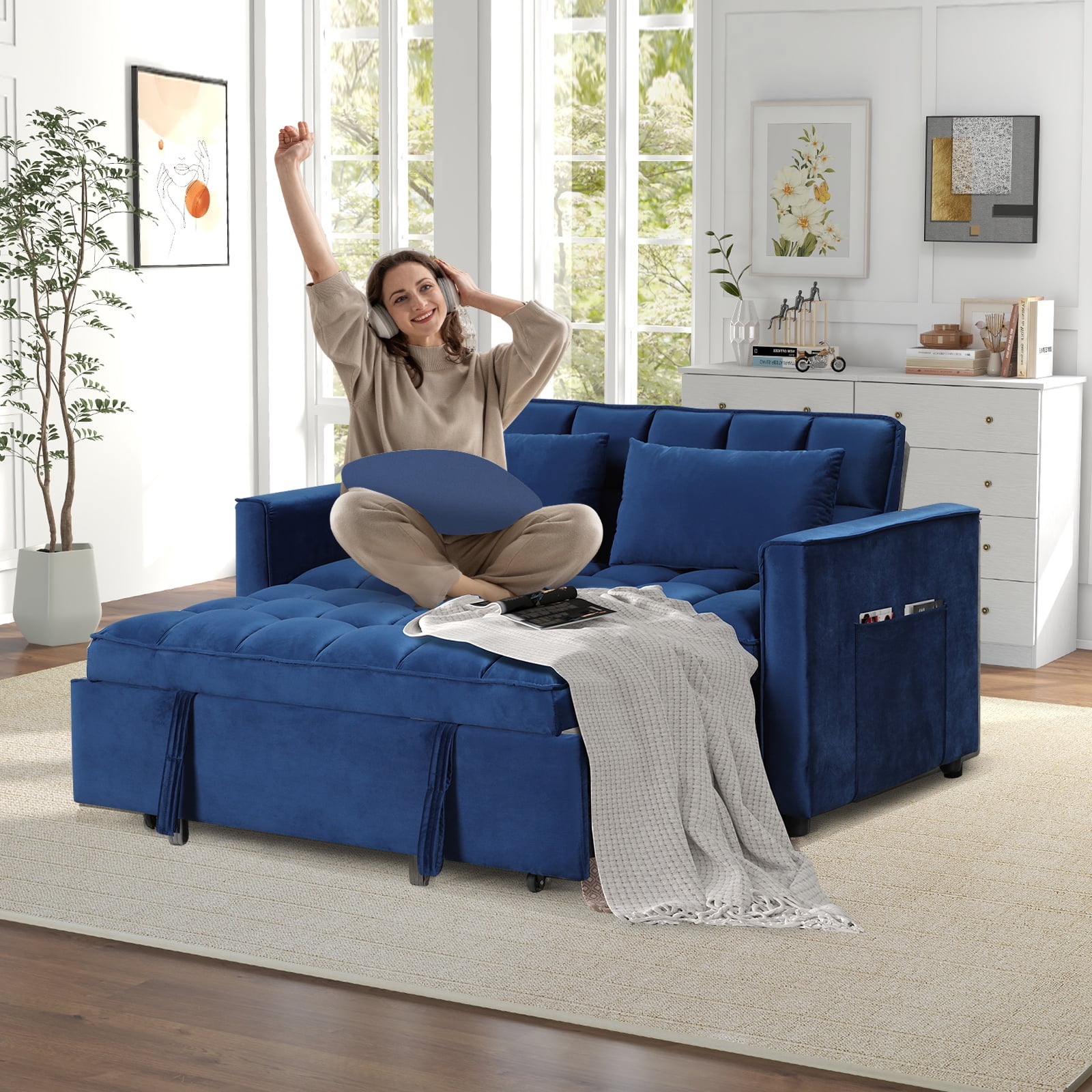 Bestier Multi-functional Sofa Bed with Cup Holder and USB Port, Blue ...