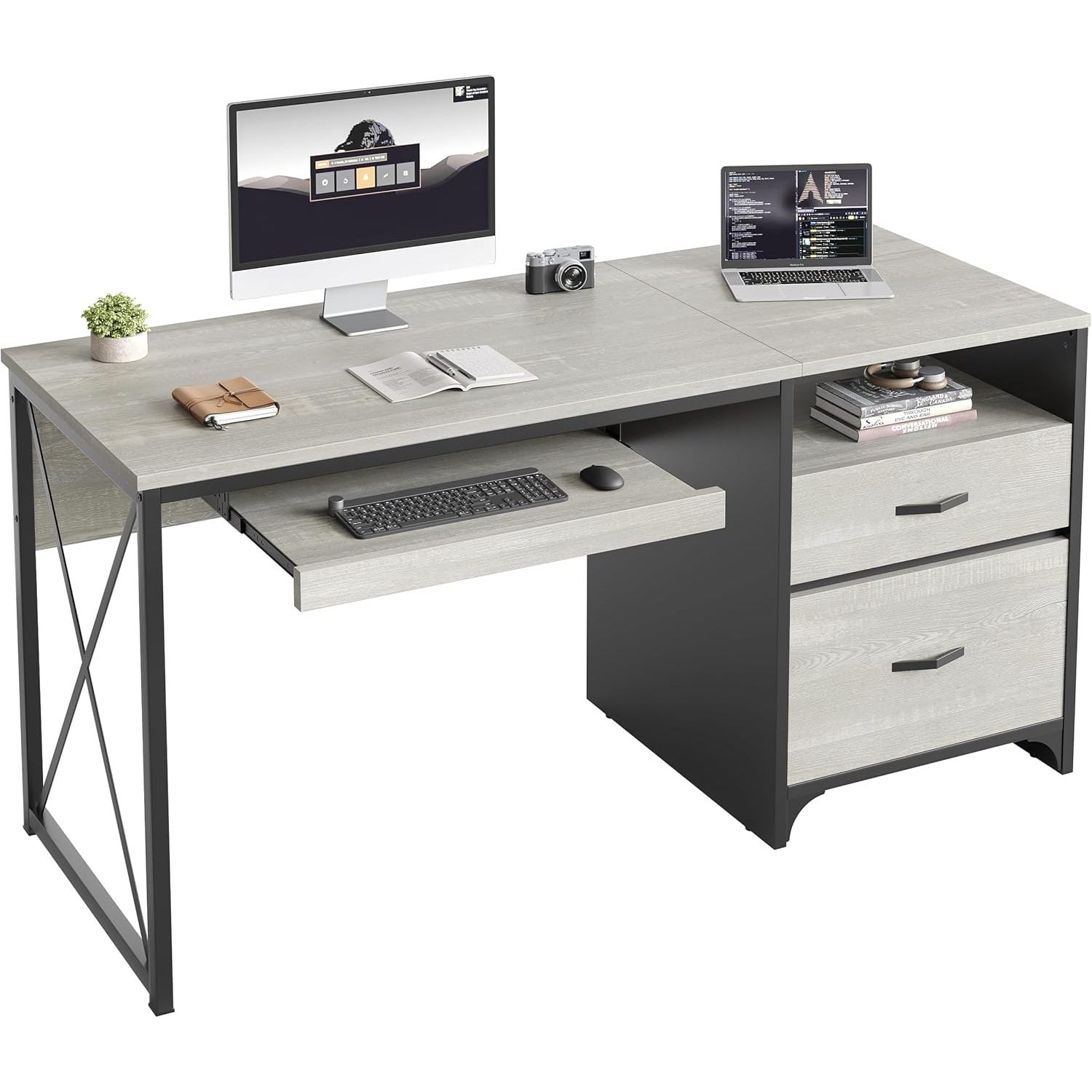 Bestier Office Desk with Drawers, 55 inch Industrial Computer Desk with ...