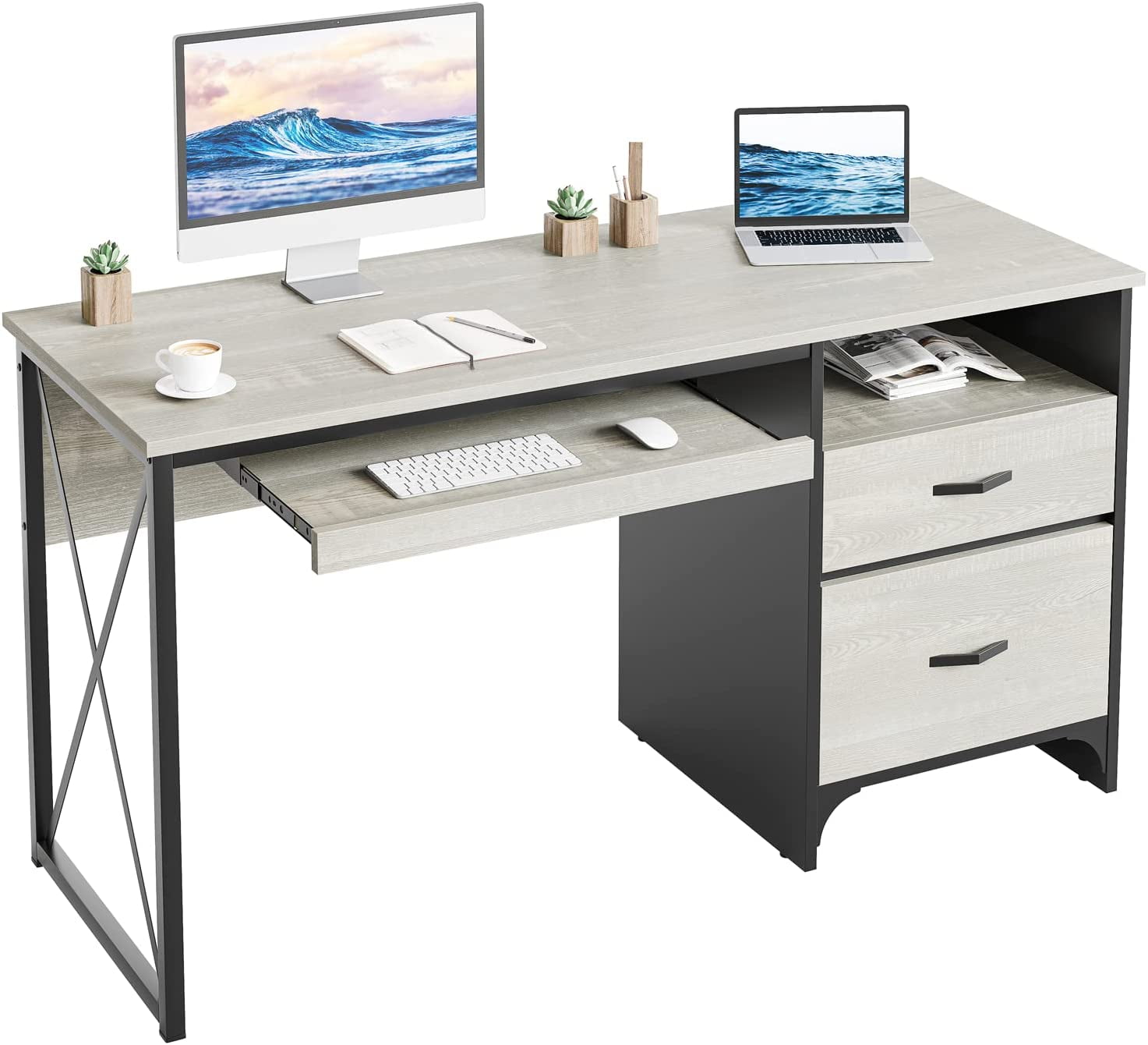 Office Desk with Drawers, 55 inch Industrial Computer Desk with Storage ...