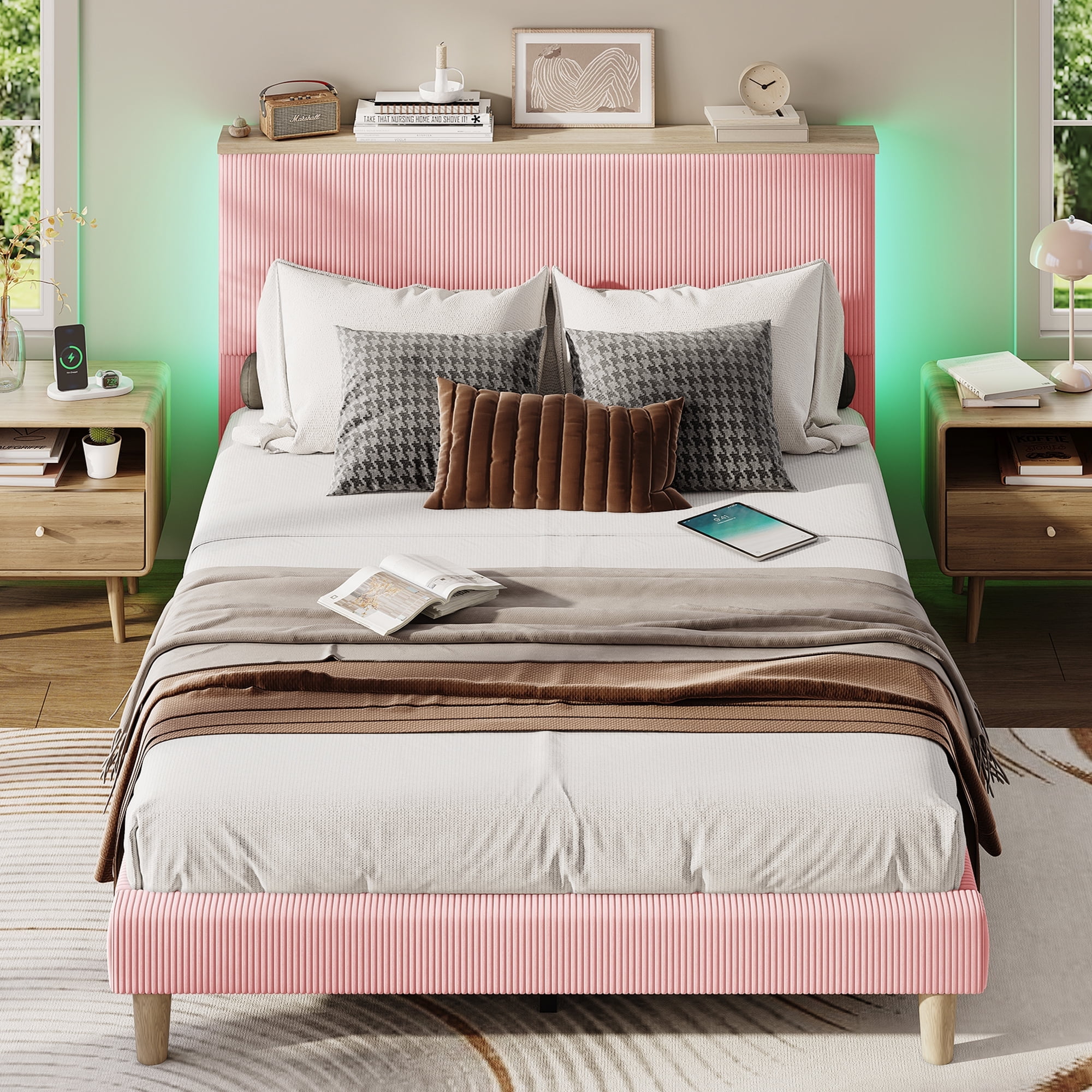 Bestier Queen Size Bed Frame Upholstered Platform Bed with LED Light ...