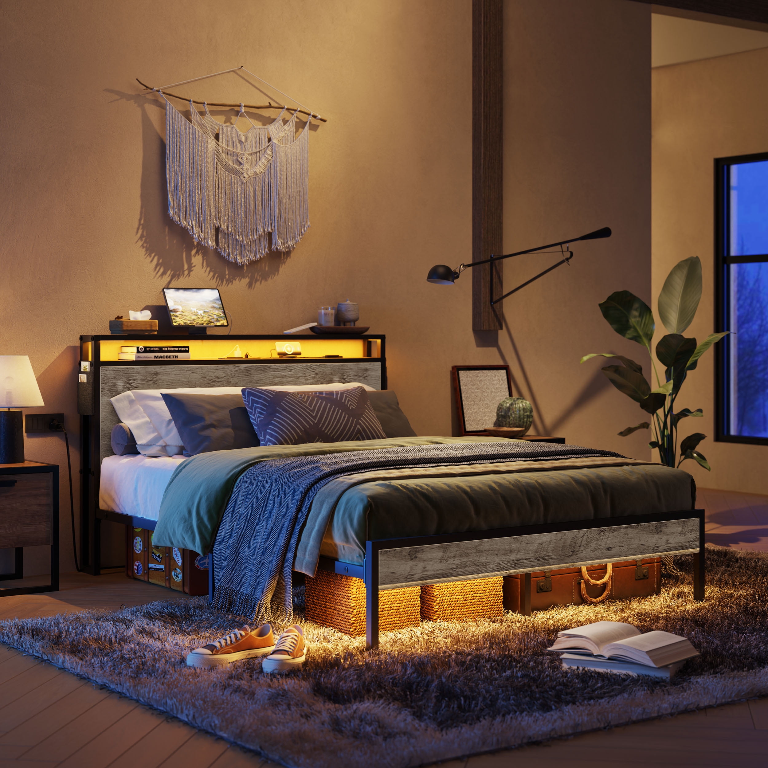 Bestier Queen Size Bed Frame with Storage Headboard Metal Platform ...