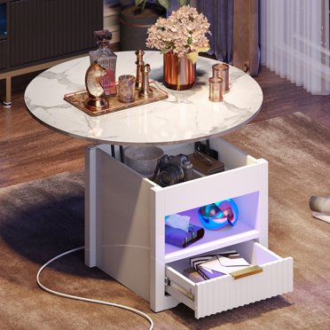 Lift Top Coffee Table with Charging Station, LED Lights, Drawer, and ...