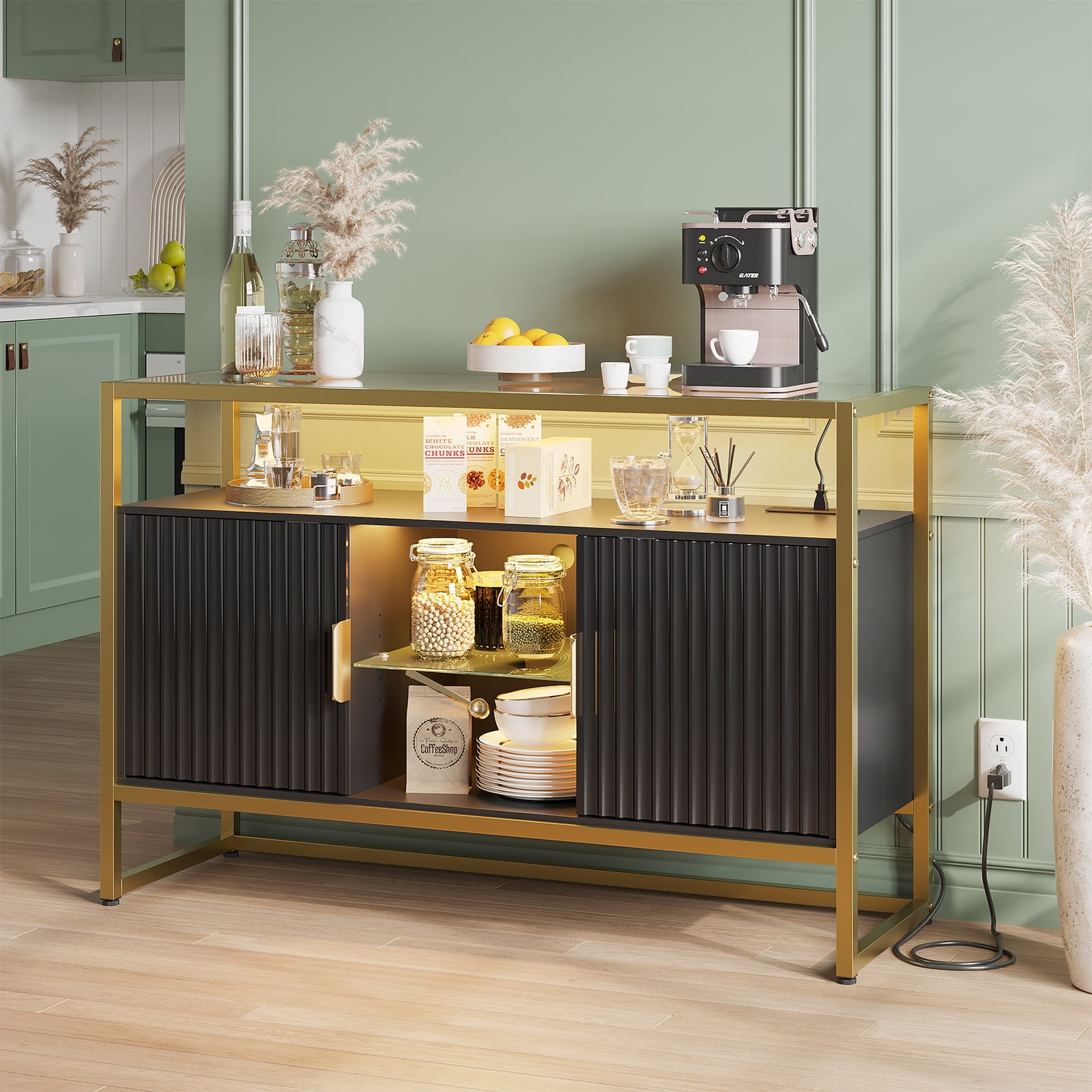 Bestier Sideboard Cabinet, 47" LED Coffee Bar Cabinet with Power Outlet ...