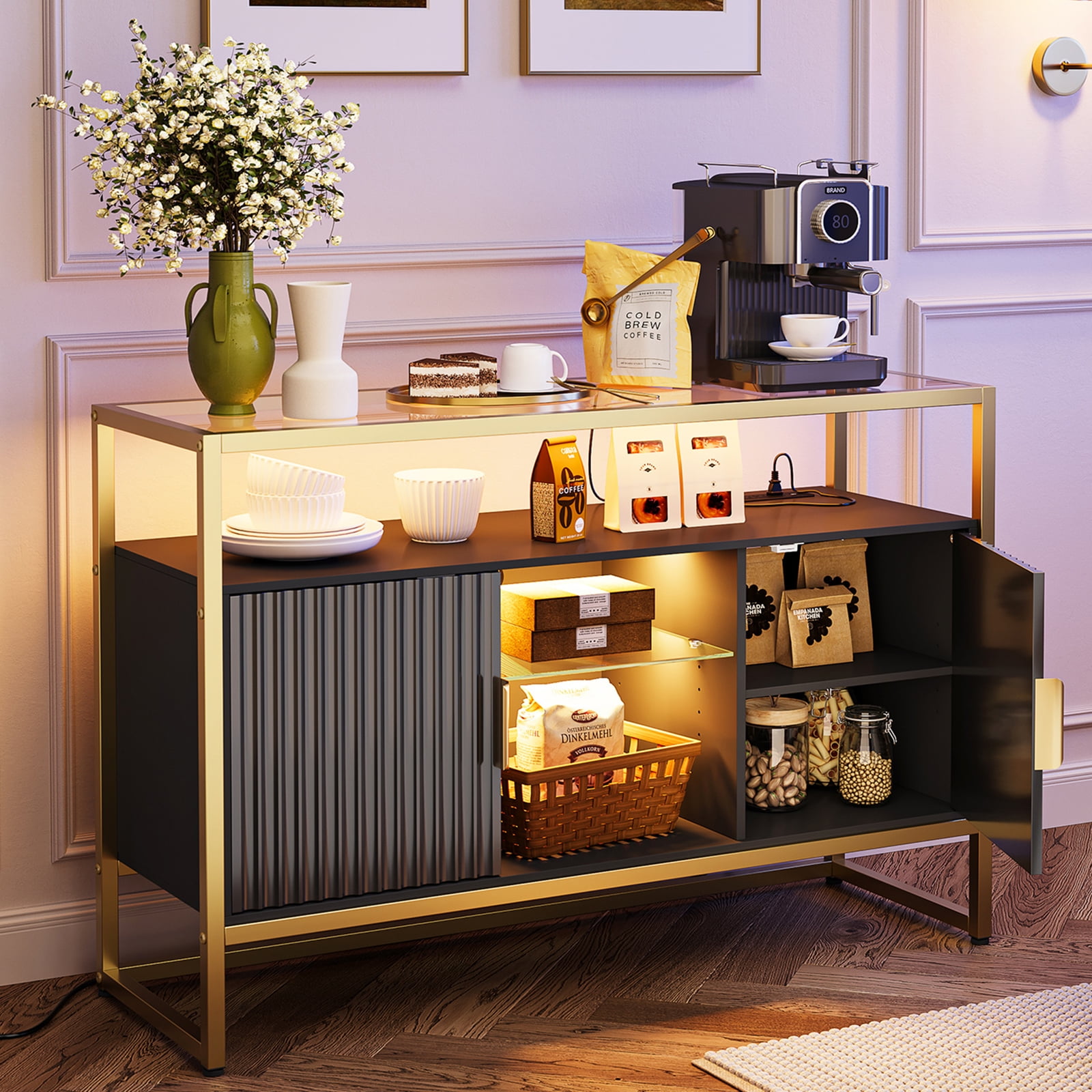 Bestier 47" LED Coffee Bar Cabinet with Power Outlet & Glass Shelves ...
