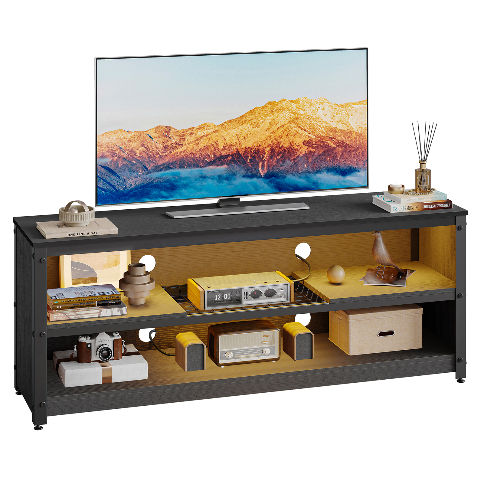 Furinno Turn-N-Tube 3-Tier No Tool TV Stand, Gray/Black, Durable ...