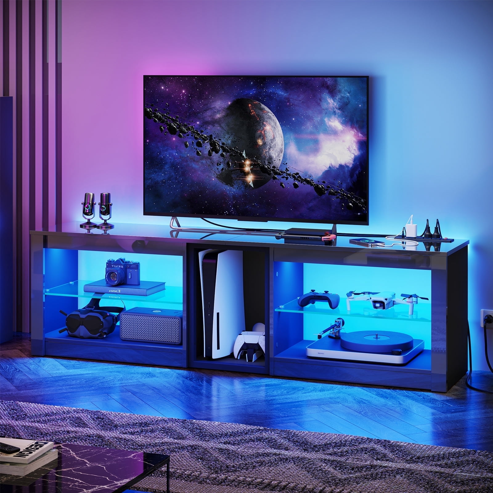Bestier TV Stand for 70 inch TV with Power Outlets, High Gloss ...