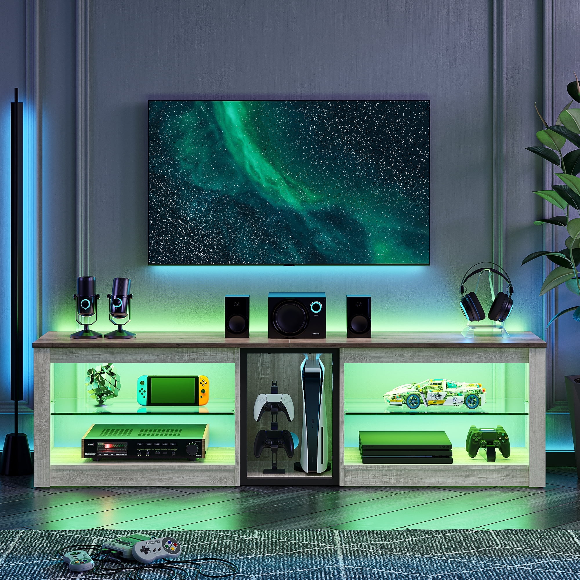 Bestier TV Stand for TVs up to 70" with LED Light, Entertainment Center for PS5 with Shelves ...